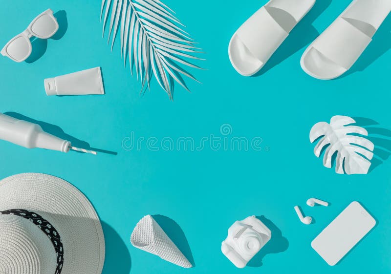 3D of Various Summer Objects on a Pastel Blue Background - Minimalistic ...