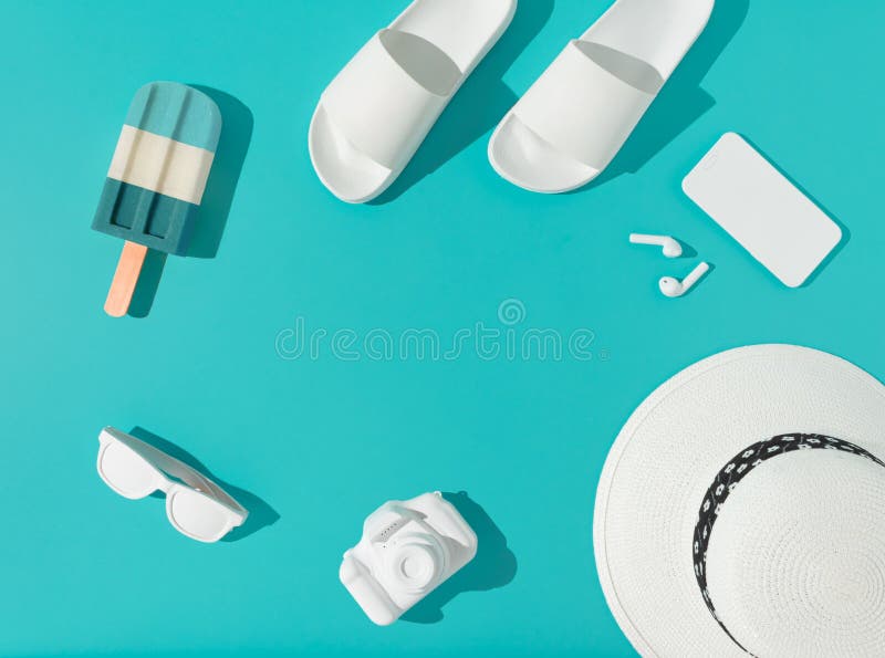 3D of Various Summer Objects on a Pastel Blue Background - Minimalistic ...