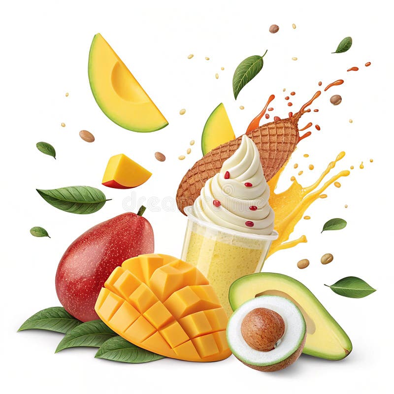 3D Vector Ad Banner of Mango and Avocado with Falling Slices Stock ...