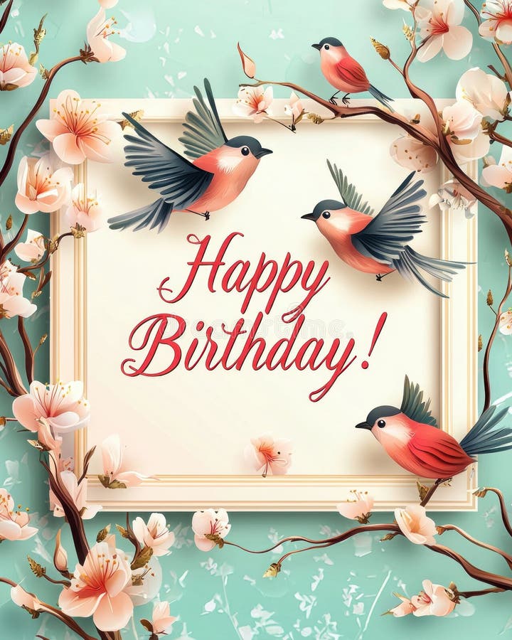 3D Vector Card with Birds and Happy Birthday Message Stock Illustration ...