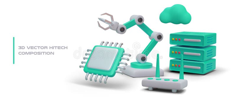 3D Vector Composition of Hightech. Hand Manipulator, Microprocessor ...