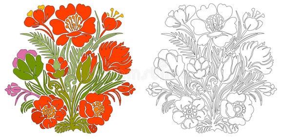 2D Vector Floral Stencil Pattern with Line Drawing on White Background ...
