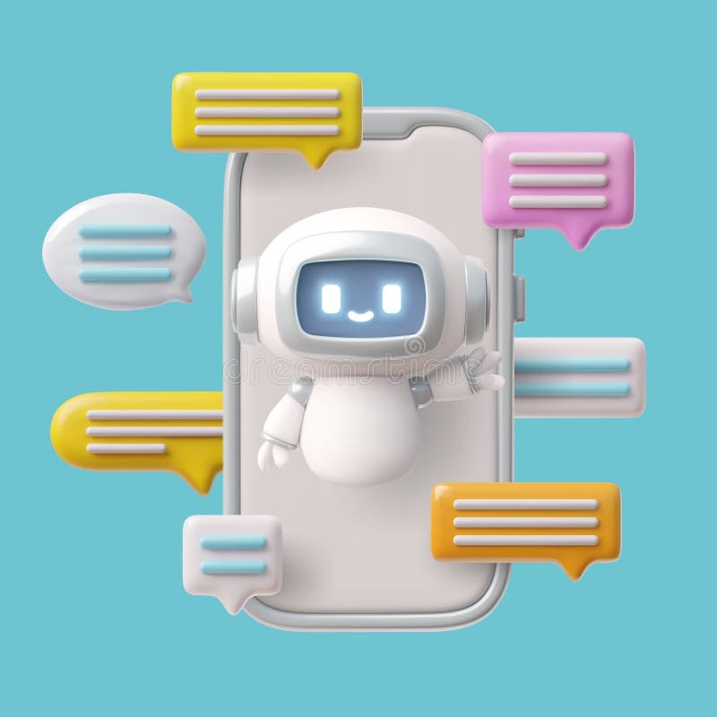 3D Vector Friendly Robot with Phone Icons and Message Speech Bubbles on ...