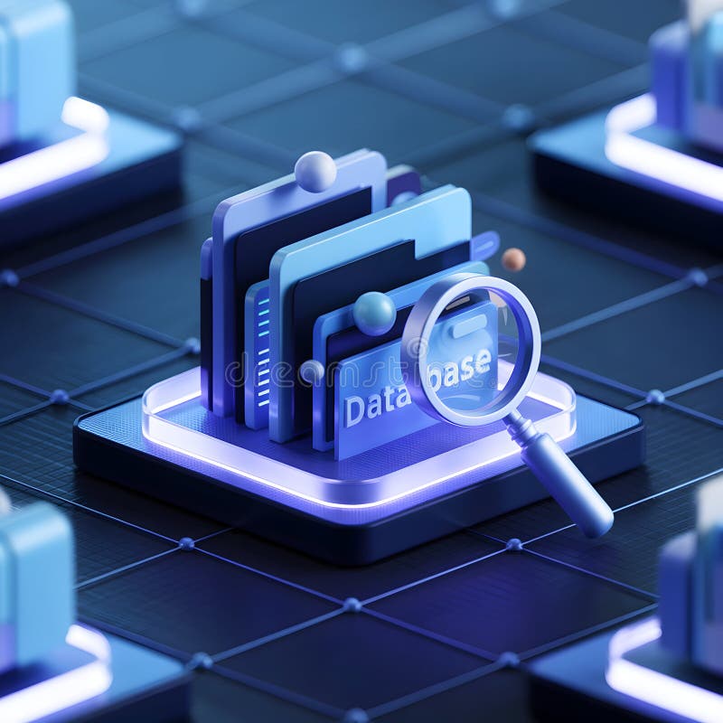 3 D Database Icon Search Blue Neon Glow Vector Magnifying Glass Stock ...