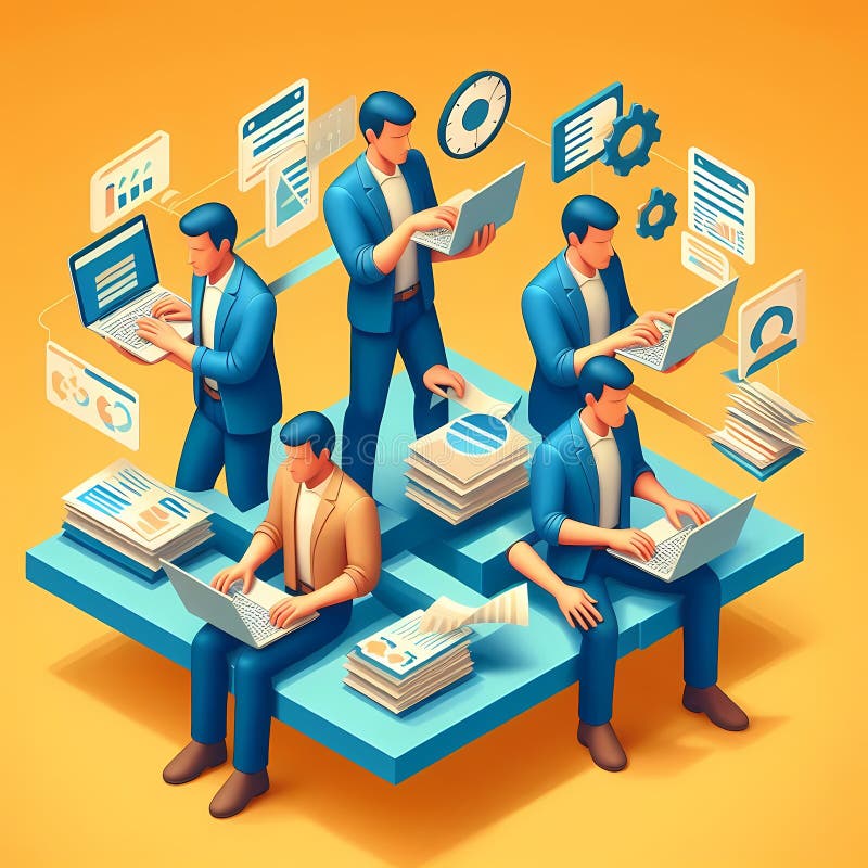 3D Vector Illustration Four Workers Multitasking Stock Illustration ...