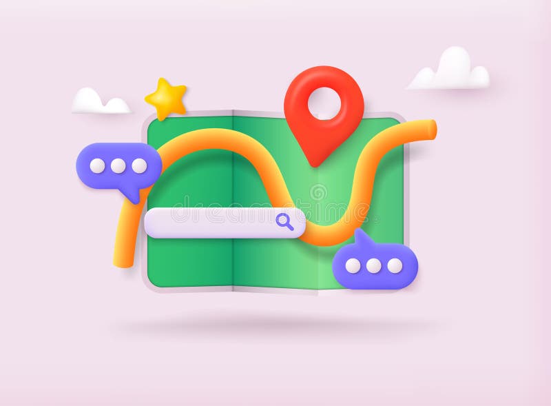 3D Vector Map Icon with Pin Pointer and Search Bar. 3D Vector ...