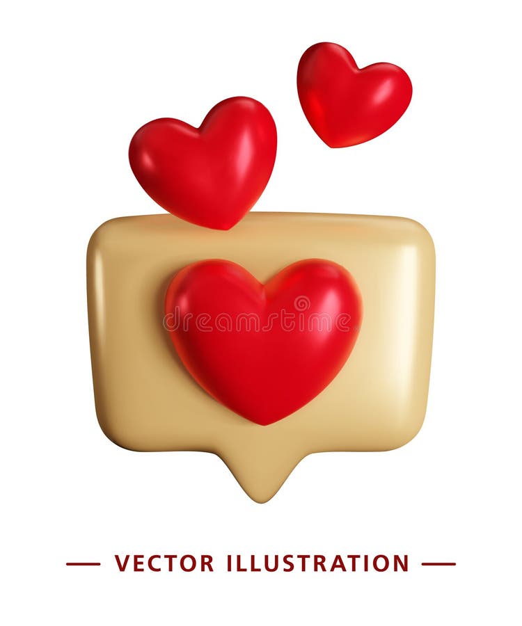 3d Vector Message Icon or Dialog Button with 3 Red Hearts. Realistic ...
