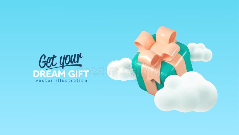 3d Vector Realistic Gift Box among Cartoon Clouds. Blue Surprise Gift ...