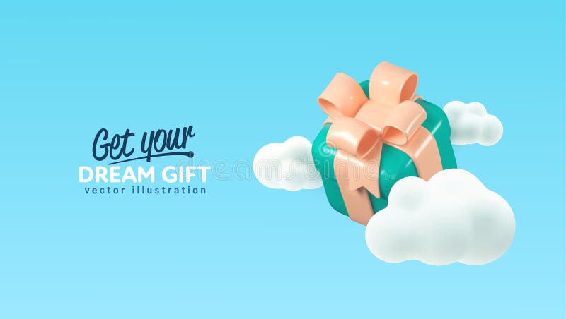 3d Vector Realistic Gift Box among Cartoon Clouds. Blue Surprise Gift ...