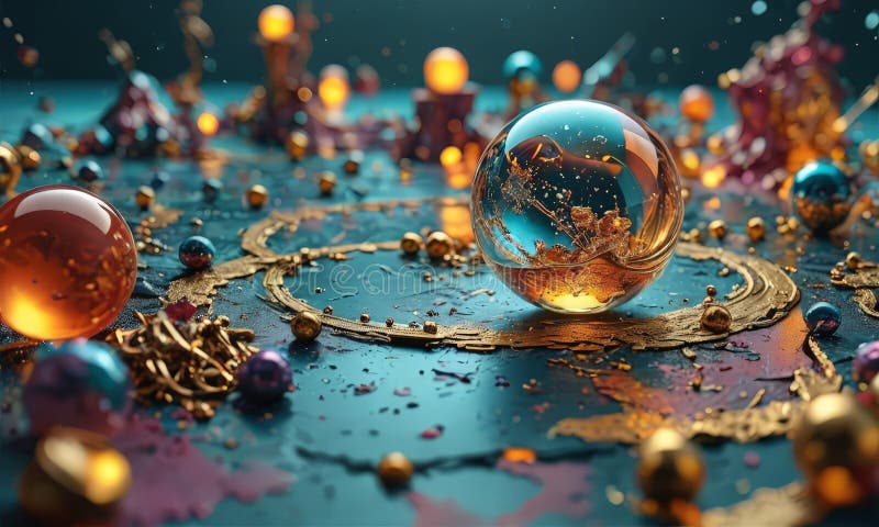 3D Vibrant, Abstract Scene Features Central Glass Sphere Surrounded by ...