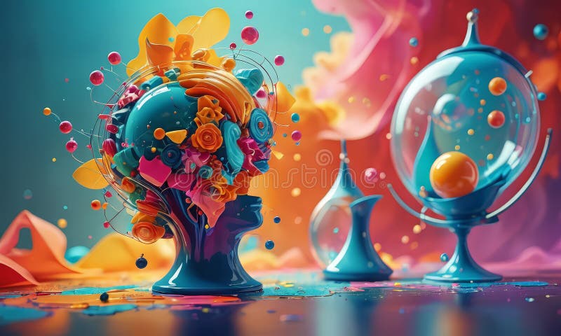 3D Vibrant, Abstract Sculpture with Face, Flowers, and Floating Objects ...