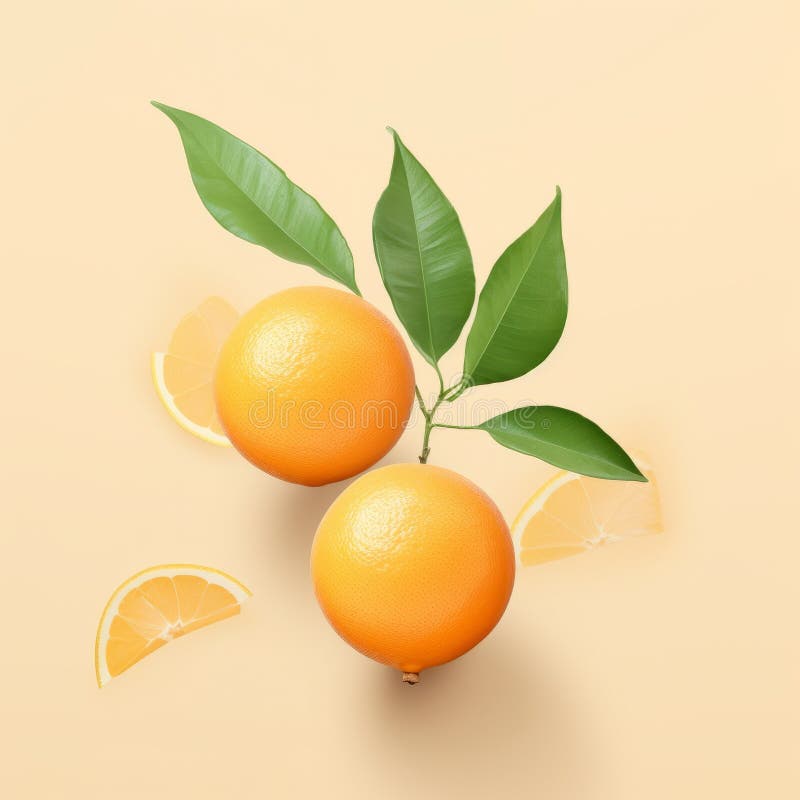Photorealistic Rendering of Two Oranges on Yellow Background Stock ...