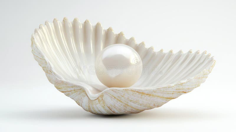 3D View of a White Shell Open with a White Pearl Inside, Front View ...