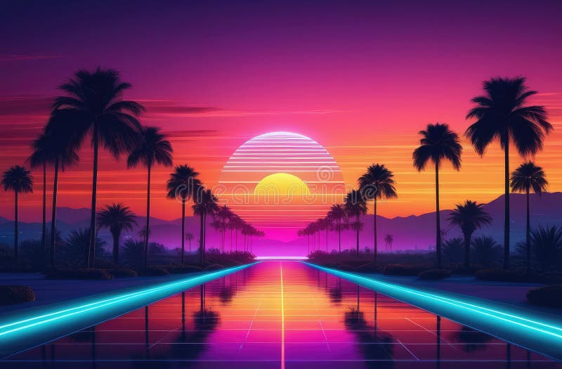 3D Virtual Reality Sunset with 1980s Retro Vibes. 80s Nostalgic ...