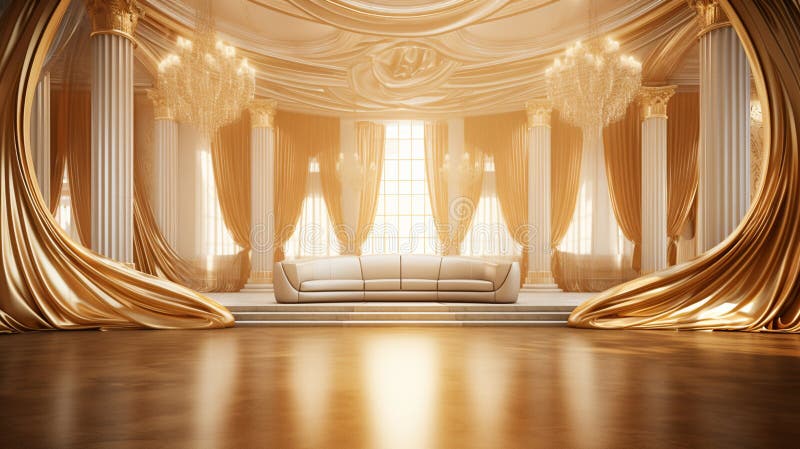 3d Visual Illustration of Stage with Golden Draperies and a Couch in ...