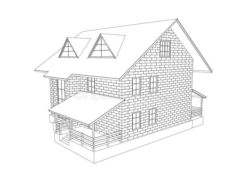 3d Visualization of the Cottage. Line Drawing Stock Illustration ...