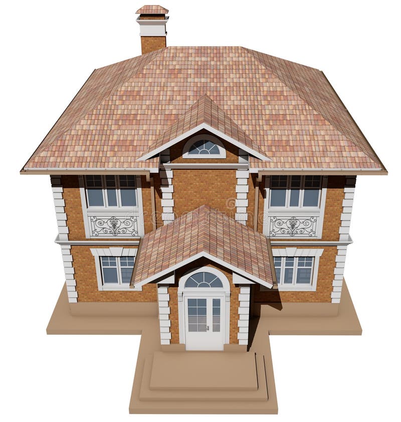 A Top View of a Symmetrical Brick Cottage. 3D Rendering Stock ...
