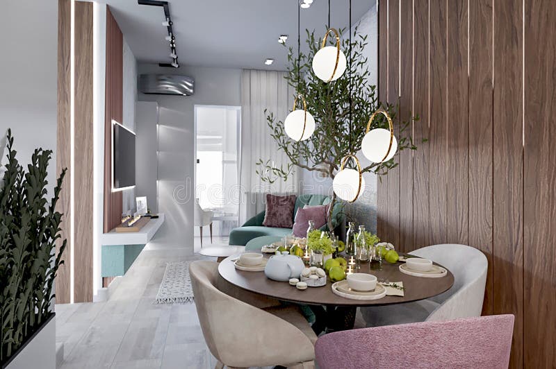 3-D Visualization of a Dining Table with Comfortable Upholstered Chairs ...