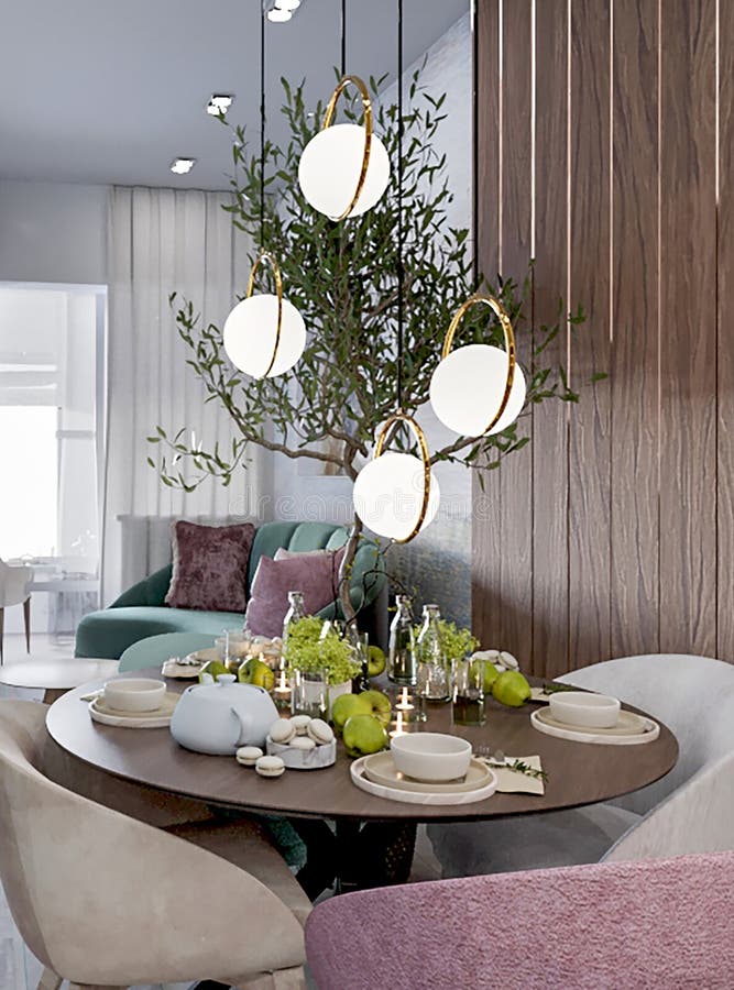 3-D Visualization of a Dining Table with Comfortable Upholstered Chairs ...