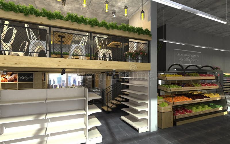 3d Visualization of Food Store with a Cafe Inside. Public Interior in ...