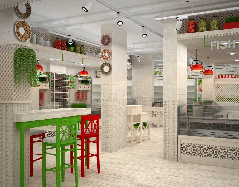 The Interior of the Shop Fresh Fish and Seafood. 3D Render. Design ...