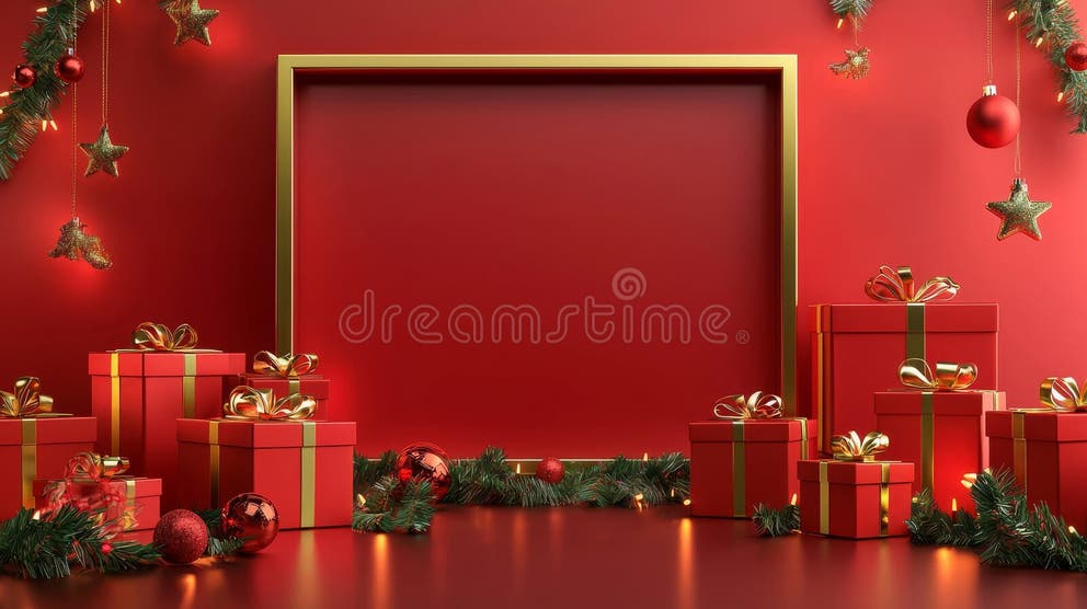3D Visualization of a Gold Minimalist Gift Box Frame with a Red ...