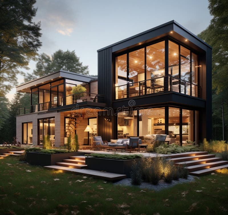 3D Visualization of the House with Evening Illumination. Illumination ...