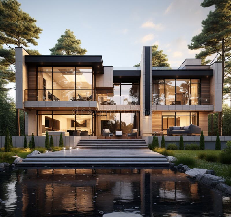 3D Visualization of a Modern House with a Flat Roof. House with a Terrace and Panoramic Windows ...