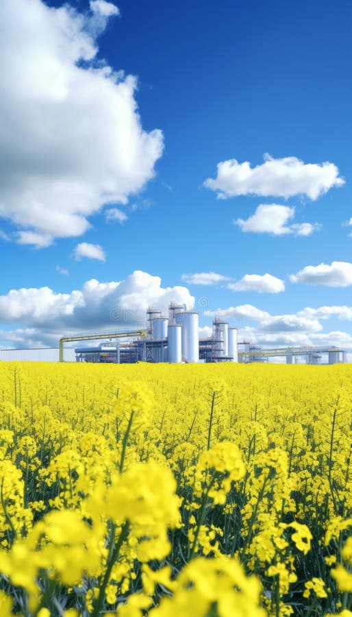 3d Visualization of a Modern Power Plant with Yellow Rapeseed Flowers ...