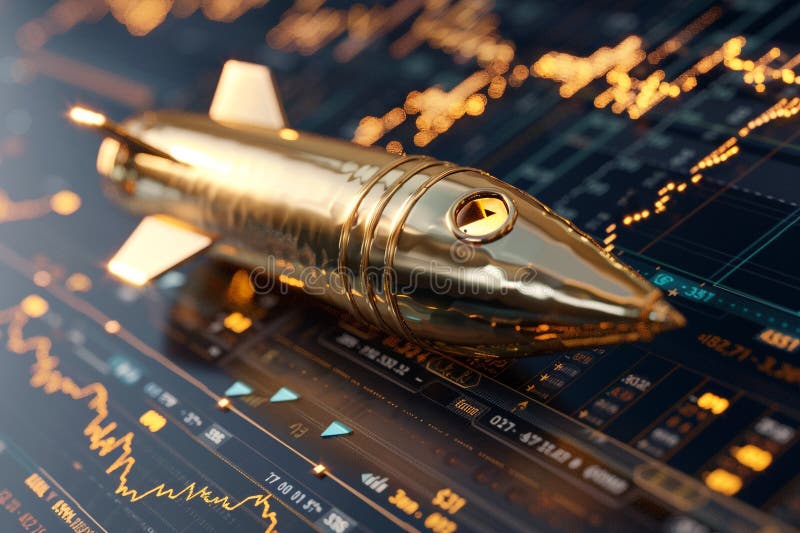3D Visualization of a Rocket Made of Gold Soaring Above Financial ...