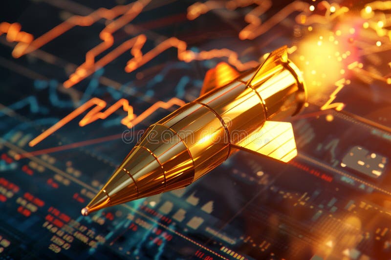 3D Visualization of a Rocket Made of Gold Soaring Above Financial ...