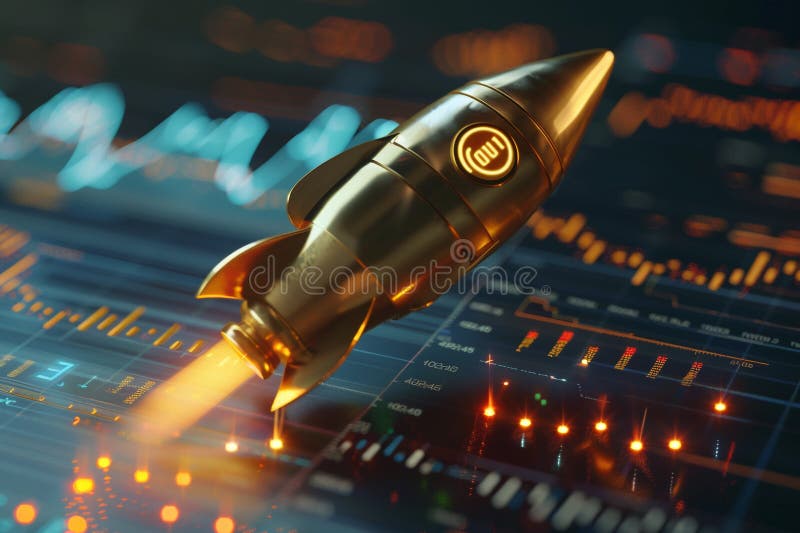 3D Visualization of a Rocket Made of Gold Soaring Above Financial ...