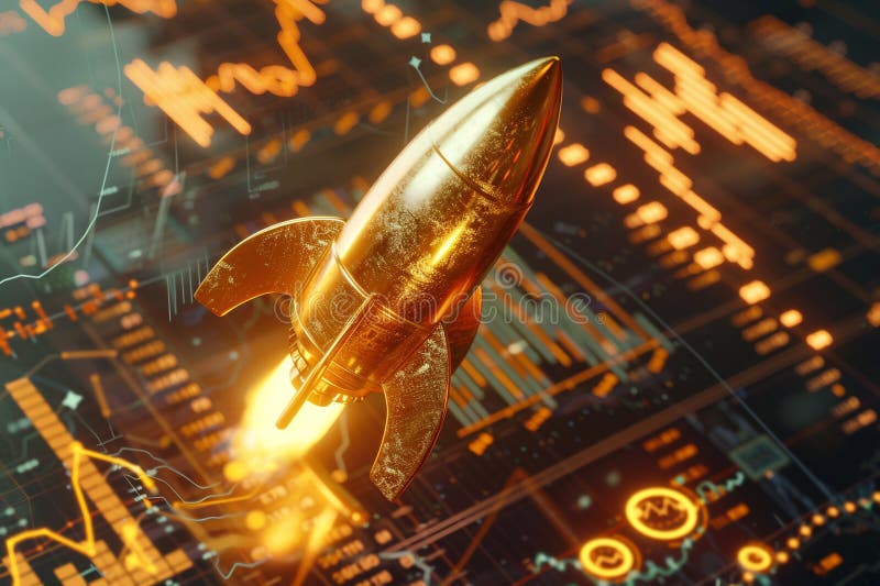 3D Visualization of a Rocket Made of Gold Soaring Above Financial ...