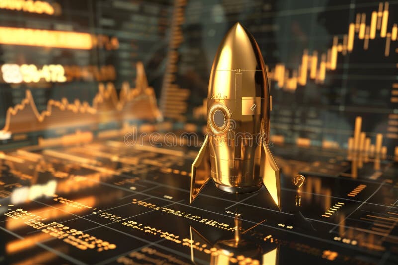 3D Visualization of a Rocket Made of Gold Soaring Above Financial ...