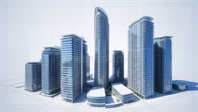 3D Visualization of a Sleek, Modern Skyscraper Complex with Glass and ...