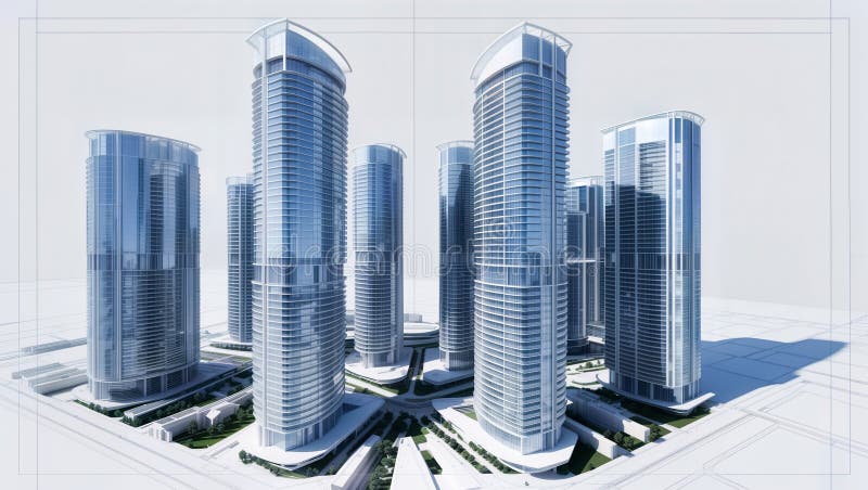 3D Visualization of a Sleek, Modern Skyscraper Complex with Glass and ...