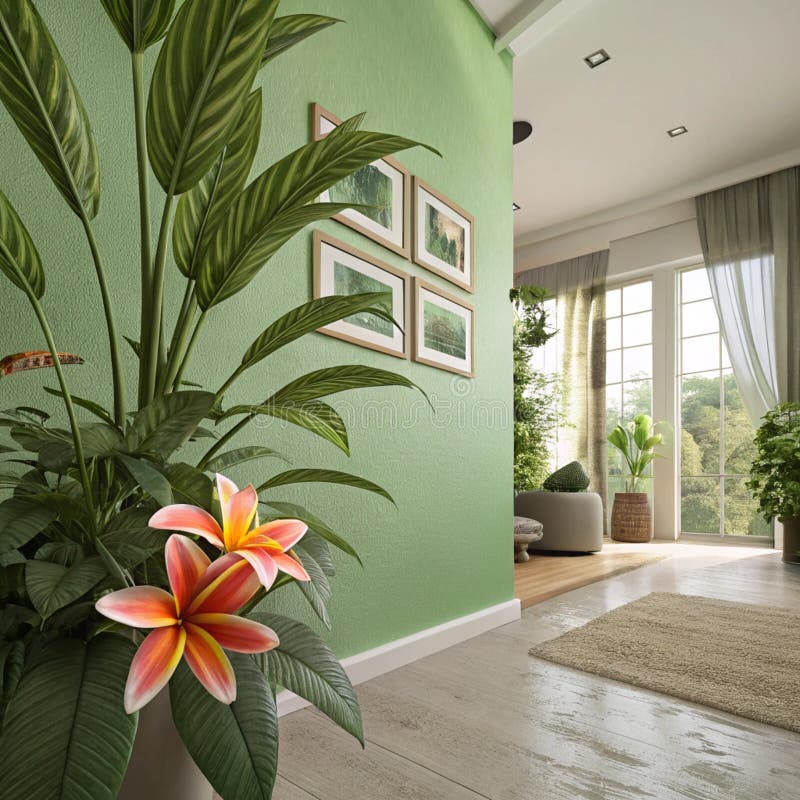 3D Visualization of Tropical Flower in Green Wall Interior Stock ...