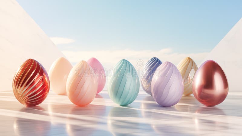 3D Visualization, Volumetric Illustration of Easter Eggs on a Light Background with Copy Space ...