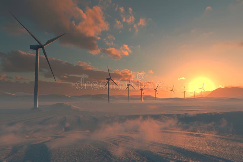 A 3D Visualization of a Wind Turbine Field at Sunrise with the Turbines ...