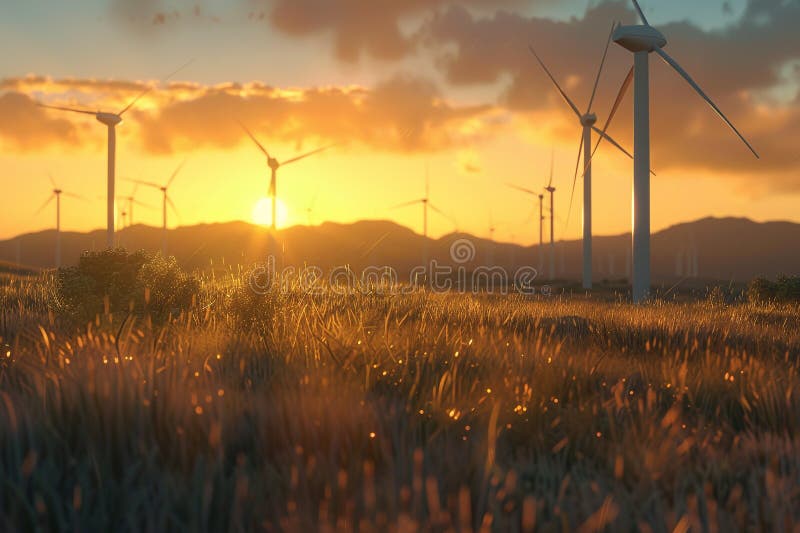 A 3D Visualization of a Wind Turbine Field at Sunrise with the Turbines ...