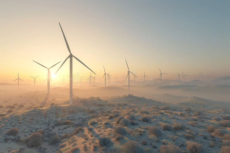 A 3D Visualization of a Wind Turbine Field at Sunrise with the Turbines ...