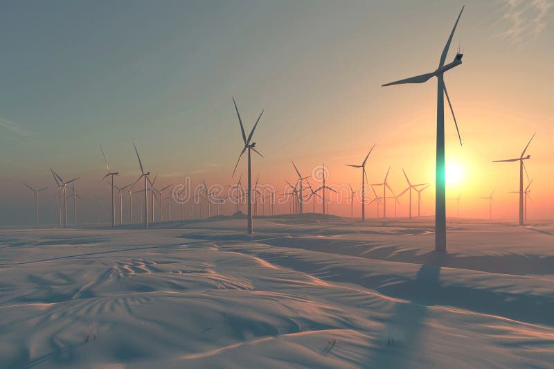 A 3D Visualization of a Wind Turbine Field at Sunrise with the Turbines ...