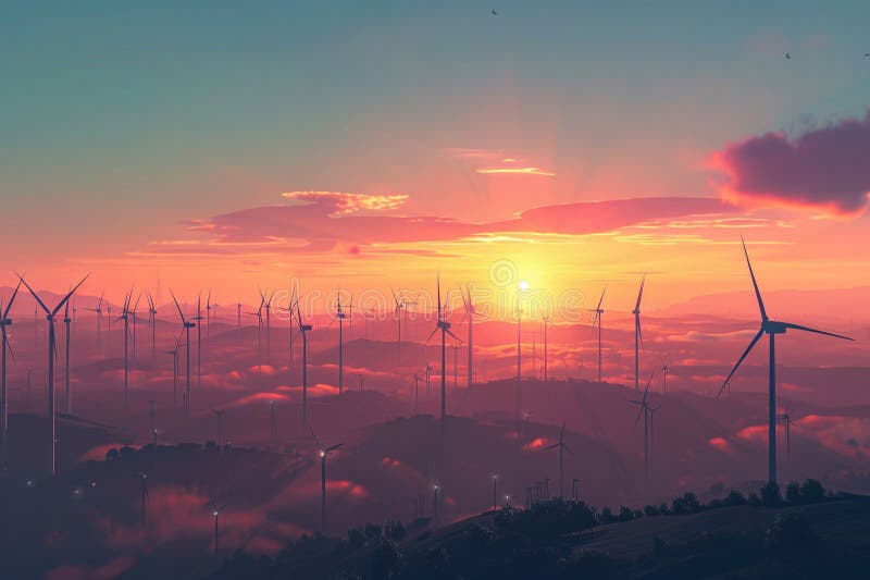 A 3D Visualization of a Wind Turbine Field at Sunrise with the Turbines ...