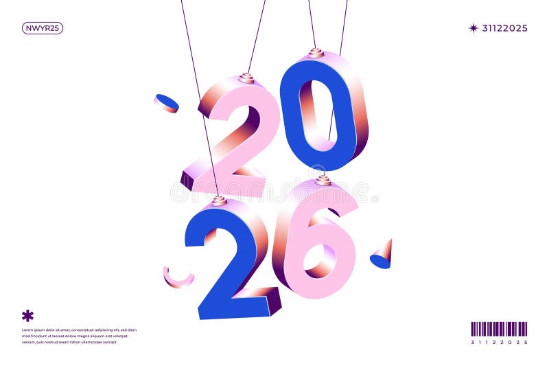 3D Volumetric Numbers 2026 Suspended on Strings Against a White ...