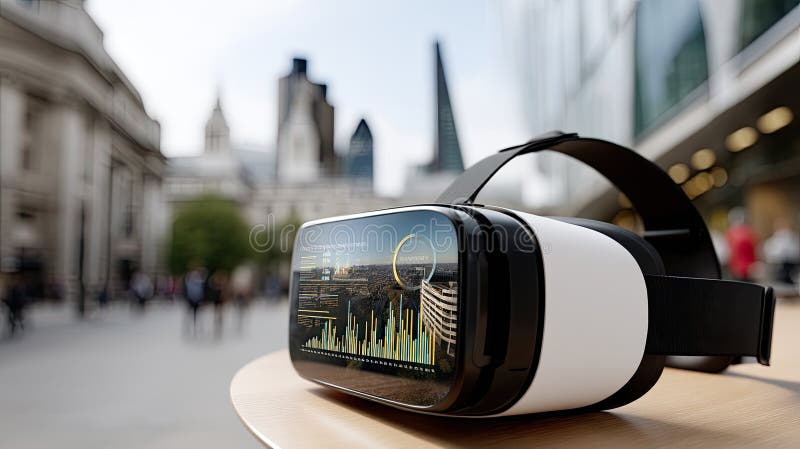 A 3D VR Headset Displays Vibrant Data Visualizations on a Sleek Office ...