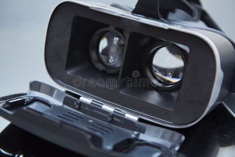 3d 360 VR Headset Glasses Lenses on a Black Mirror Table, Virtual ... 3d 360 VR Headset Glasses Lenses on a Black Mirror Table, Virtual ...