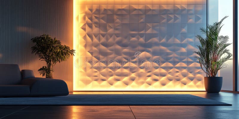 3D Wall Panel with Backlighting: Textured Surface and Geometric Pattern, Sofa and Potted Plants ...