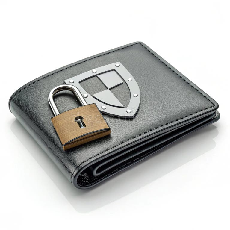 3D Wallet with Shield and Padlock Isolated on White Background Stock ...