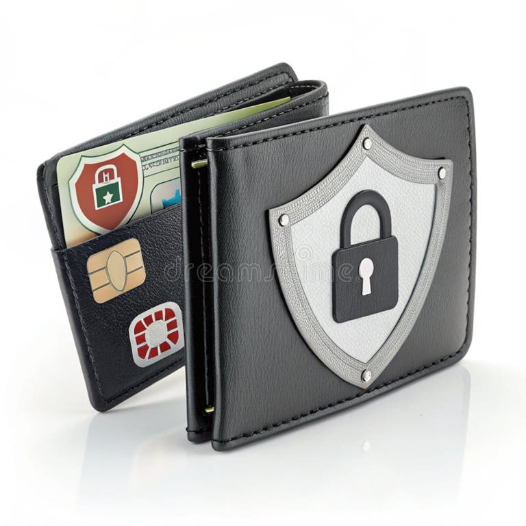 3D Wallet with Shield and Padlock Isolated on White Background Stock ...