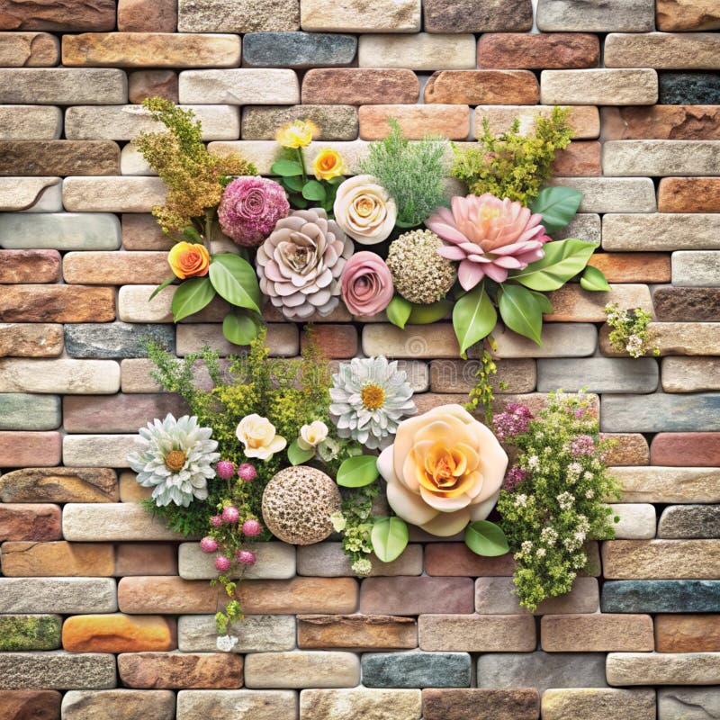 3D Wallpaper Design with Bricks and Stones with Florals for Photomural ...